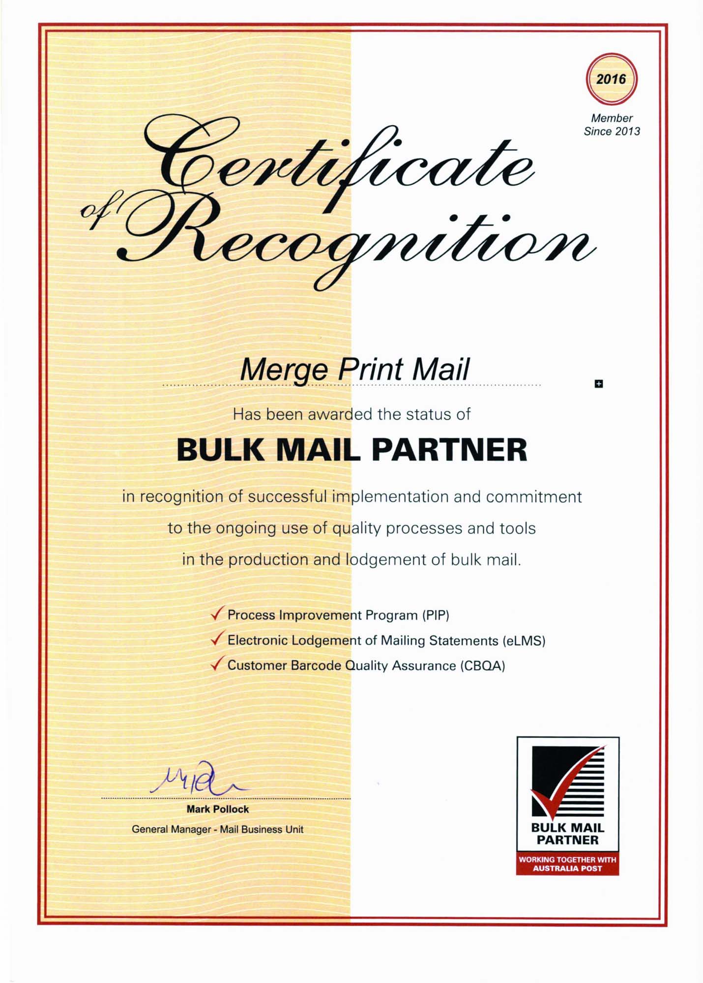 20161100 Bulk Mail Partner Certificate – Markis | Data, Mail & Print